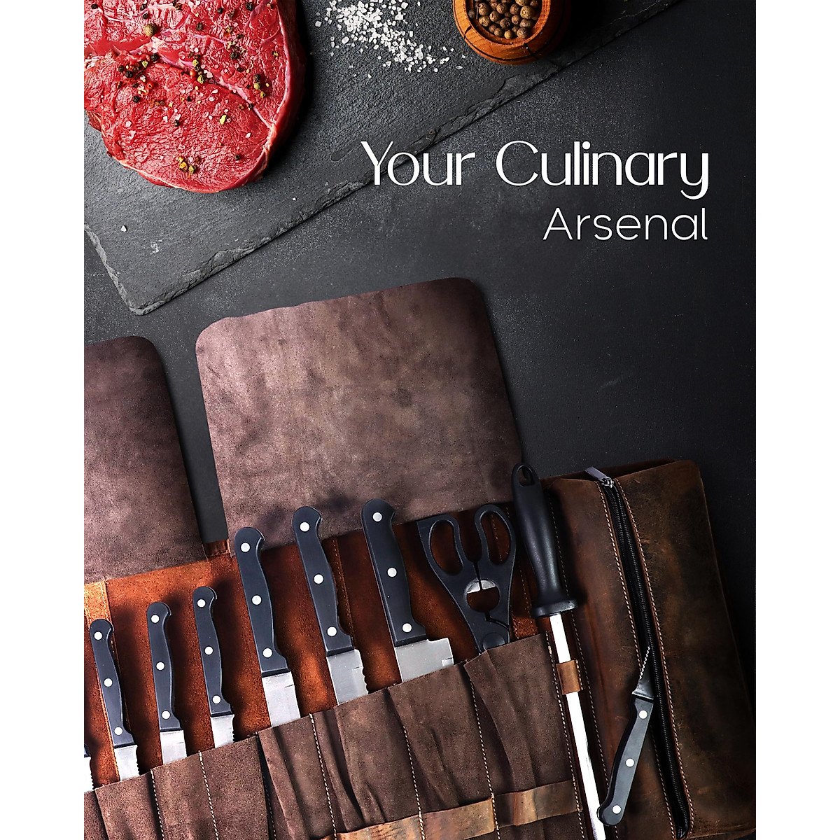 Leather Knife Roll Bag for Chefs Large - Professional Bag for Men and Women | Carrying Case with 14 Slots | Gifts for Him | Travel Accessories for Christmas and Thanksgiving