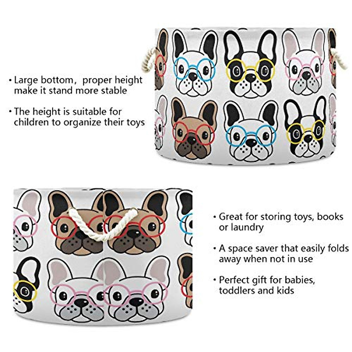 ALAZA Round Storage Basket Bin Cute Glasses French Bulldog Collapsible Waterproof Laundry Hamper Baby Nursery Basket Organizer with Handles for Bedroom Closet Toys Gifts