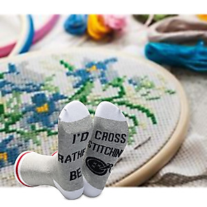 G2TUP 2 Pairs I’d Rather Be Cross Stitching Socks Cross-Stitch Lover Gift Cross-Stitch Project Bag Sewing Lover Socks Needle Worker Gift (I’d Rather Be Cross Stitching)