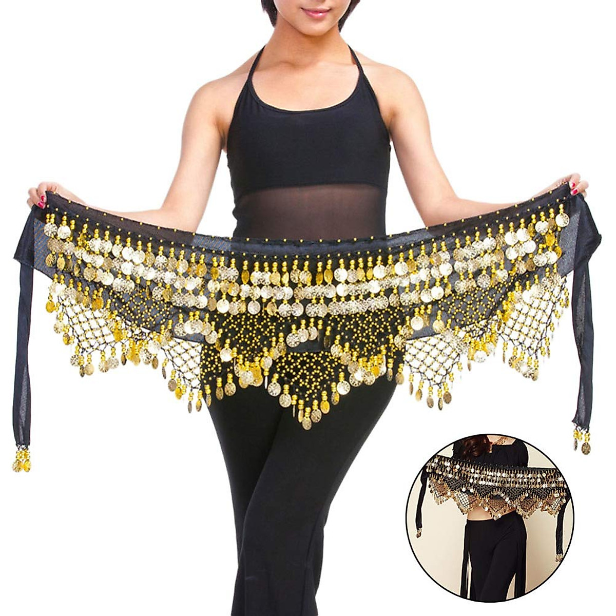 ARTIBETTER Bellydance Hip Scarf with Gold Coins Skirts Wrap Belly Dancing Hip Scarf for Zumba Yoga Class (Black, Free Size)