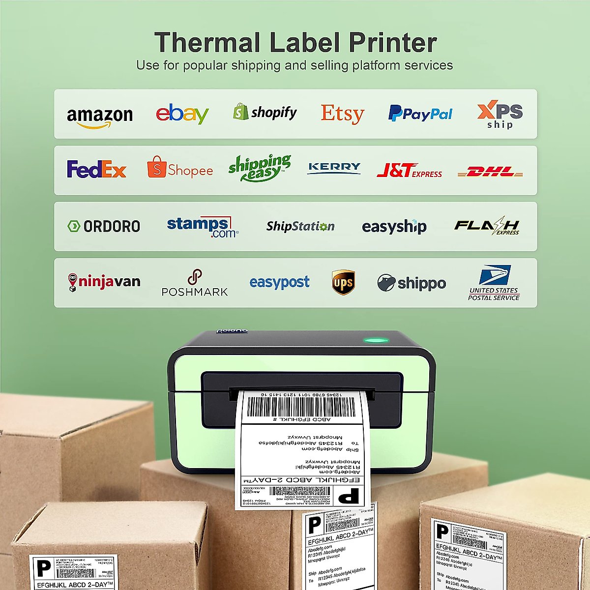 POLONO Shipping Label Printer for Shipping Packages, 4x6 Label Printer, Thermal Label Maker, Compatible with Shopify, Ebay, USPS, FedEx, Amazon & Etsy, Support Multiple Systems(Green)