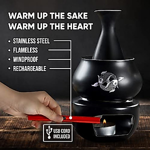 Japanese Sake Set with Warmer | 11 pc | 6 sake cups only | non electric sake warmer | sake bottle | candles | lighter | bamboo sake flight tray for sake cup set | bomb gift kit for chinese sake set