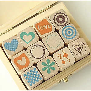 12 Pcs Wooden Rubber Stamps Mini Cute DIY Diary Stamps Set with Wooden Box