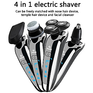 Electric Razor for Men, Wet Dry IPX7 Waterproof, 4 in 1 Rotary Shavers Beard Nose Mustache Trimmer Face Cleaning Brush