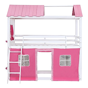 Favfurish Full Size Bunk Wood House Bed with Elegant Windows, Sills and Tent,Castle Design Wooden Bed Frame,w/Safety Guardrails & Ladder,for Kids,Teens,Boys,Girls,Pink+White