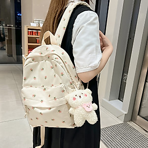 kakarin choyx Kawaii Backpack Mori Art Floral Bag With Pendant 12.2 Inch Aesthetic Backpack Cute Backpack Medium Bag (White, Middle)