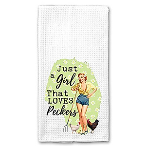 Just a Girl that Loves Peckers Funny Chicken Vintage 1950's Housewife Pin-up Girl Waffle Weave Microfiber Towel Kitchen Linen Gift for Her BFF
