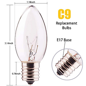 SUNSGNE 25 Pack C9 Clear Replacement Bulbs, C9 Christmas Light Bulbs Clear Incandescent Bulbs for Christmas Vintage String Light, E17 Intermediate Base, 7 Watt, Clear