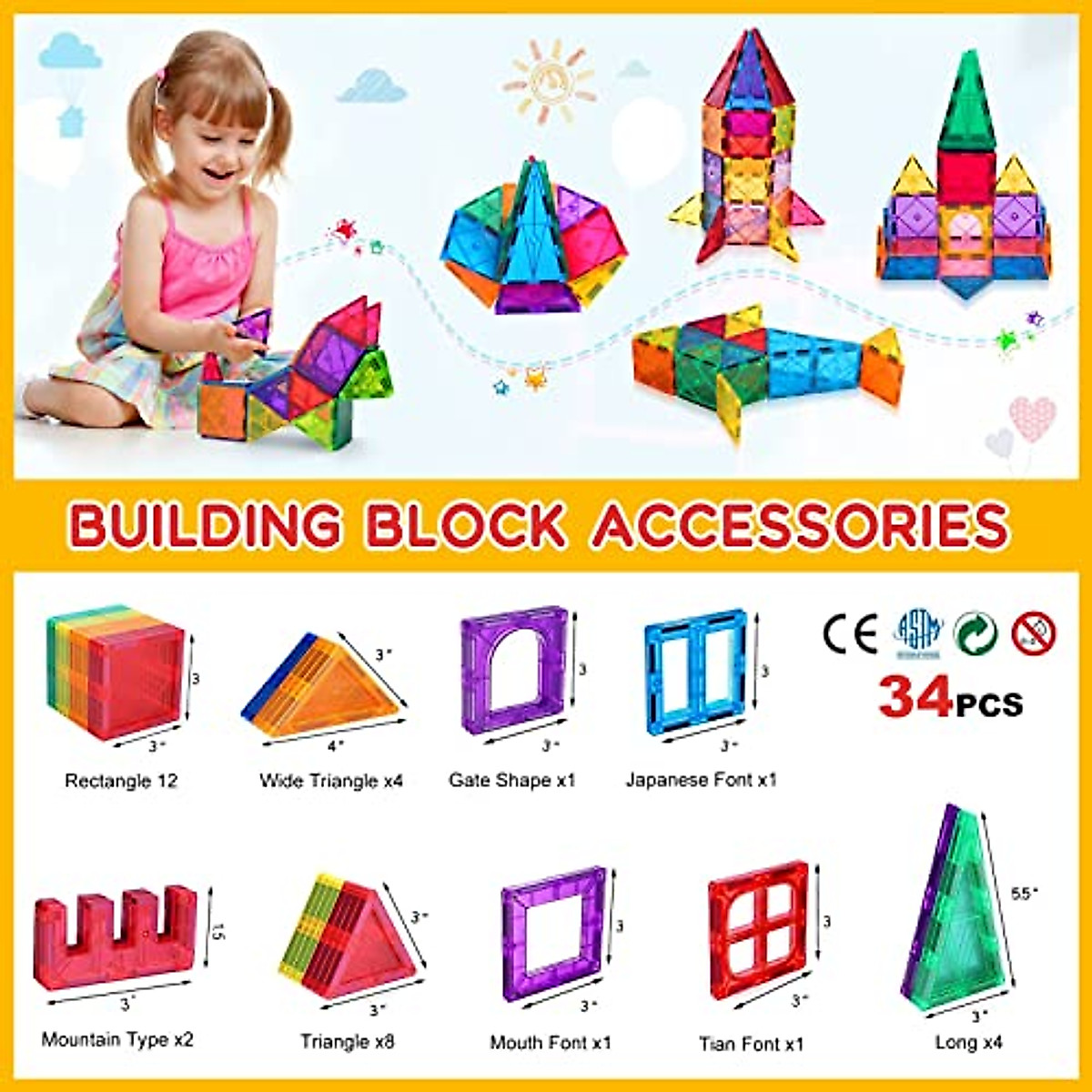 Toys for 3 4 5 6 7 8+Year Old Boys Girls Colorful Magnetic Tiles for Kids Ages 4-8 Upgrade STEM Educational Creativity Stacking Magnetic Building Blocks Set for Toddlers Child Ages 3-5 Birthday Gifts