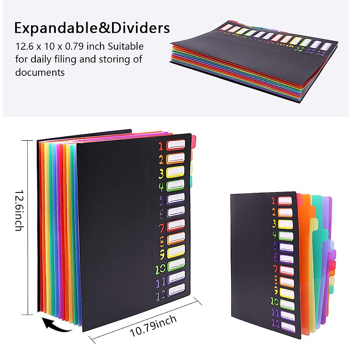Edufun Rainbow Tab Expanding File Folder - 24 Pockets, Durable A4 Letter Size Organizer, Water-Resistant Plastic Dividers, Home/Office/School Document Holder (Black)