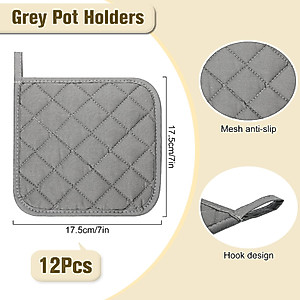 Zubebe 12 Pcs Oven Potholders Kit Square Pot Holders for Women Christmas Valentine's Day Gifts Heat Resistant Cotton Pads with Hanging Loops Machine Washable Kitchen Gift Craft Project (Grey)