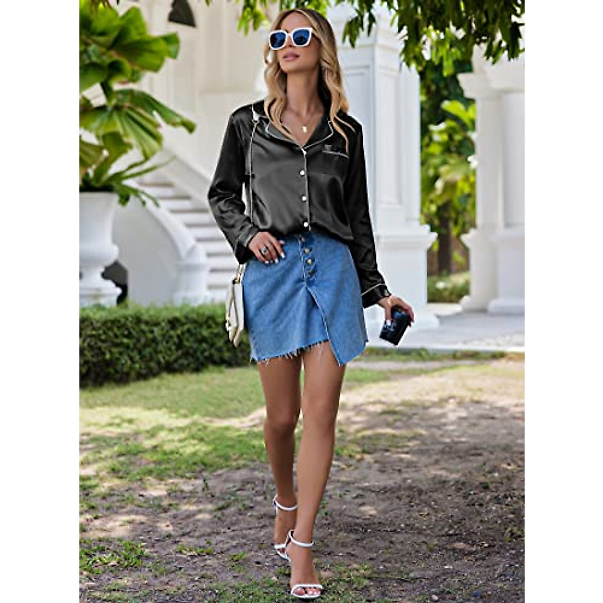 Ekouaer Satin Pajamas Women's Long Sleeve Silk Sleepwear Soft Button Down Loungewear Pjs Set(02 Black,Small)