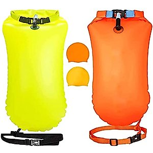 YESHIN 2 Pack 20L Waterproof Swim Bouy with Storage Space Inflatable Dry Bag Bright Color Swim Safety Float for Open Water Swimmers, Triathletes, Kayakers and Snorkelers with Swim Cap