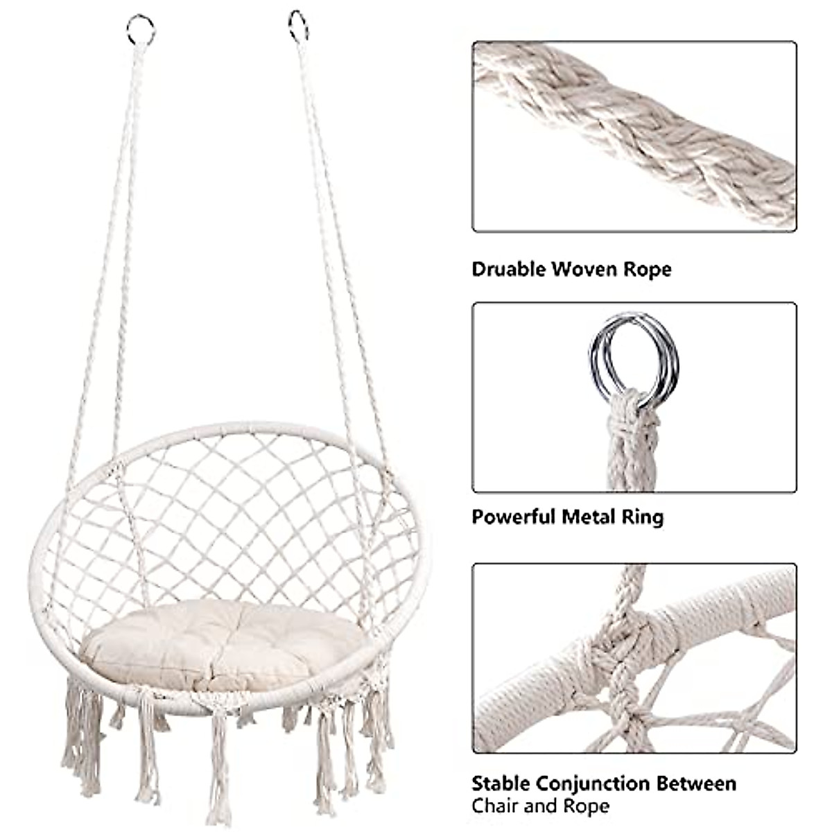 HBlife Hammock Chair, Hanging Swing with Macrame and Cushion, Max 330 Lbs, Beige Hanging Cotton Rope Chair for Indoor, Outdoor, Bedroom, Patio, Yard, Deck, Garden and Porch