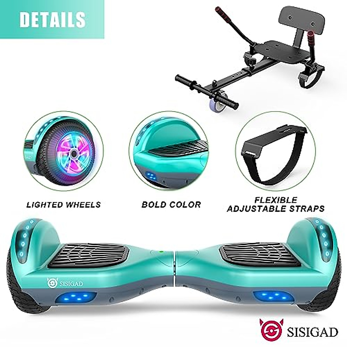 SISIGAD Hoverboard with Seat Attachment, Hoverboard Go Kart Combo, 6.5" Bluetooth Hover Board with Seat Attachment for Hoverboard