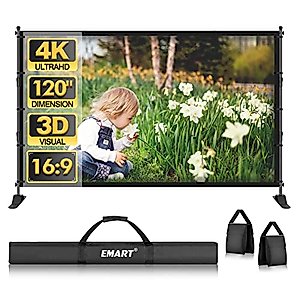 EMART Portable Projector Screen with Stand 120 inch, Outdoor Movie Screen Bundle 16:9 4K HD with Carrying Bag, Sandbags for Home Theater, Camping,Backyard Cinema Travel, Movie Nights