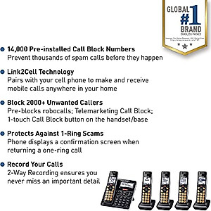 Panasonic Cordless Phone with Advanced Call Block, Link2Cell Bluetooth, One-Ring Scam Alert, and 2-Way Recording with Answering Machine, 5 Handsets - KX-TGF975B (Black with Silver Trim)