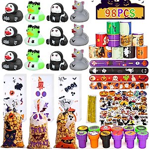 98Pcs Halloween Party Favors Set - Halloween Party Toys 12 Duck, 12 Stamps, 12 Slap Bracelets, 50 Stickers, 12 Gift Bags and Cable Ties - Halloween Themed Party Supplies for Kids