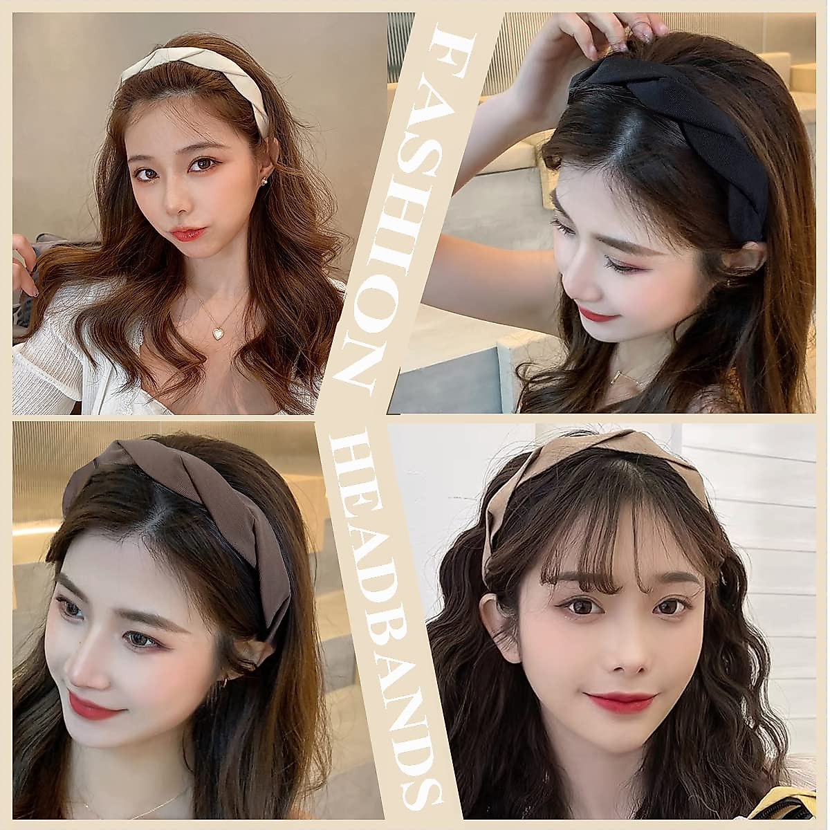 Springtime Set of 4 Fashion Solid Headbands for Women Girls 1.2inch Wide Braided Headband Fabric Hairbands with Tooth Non Slip Hairhoop Accesorries