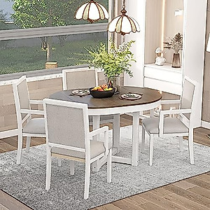 TARTOP Set 5-Piece Wooden Two-Size Round to Oval Extendable Butterfly Leaf Wood Table and 4 Upholstered Dining Chairs with Armrests for Kitchen, Dinning Room, White, Brown+White1
