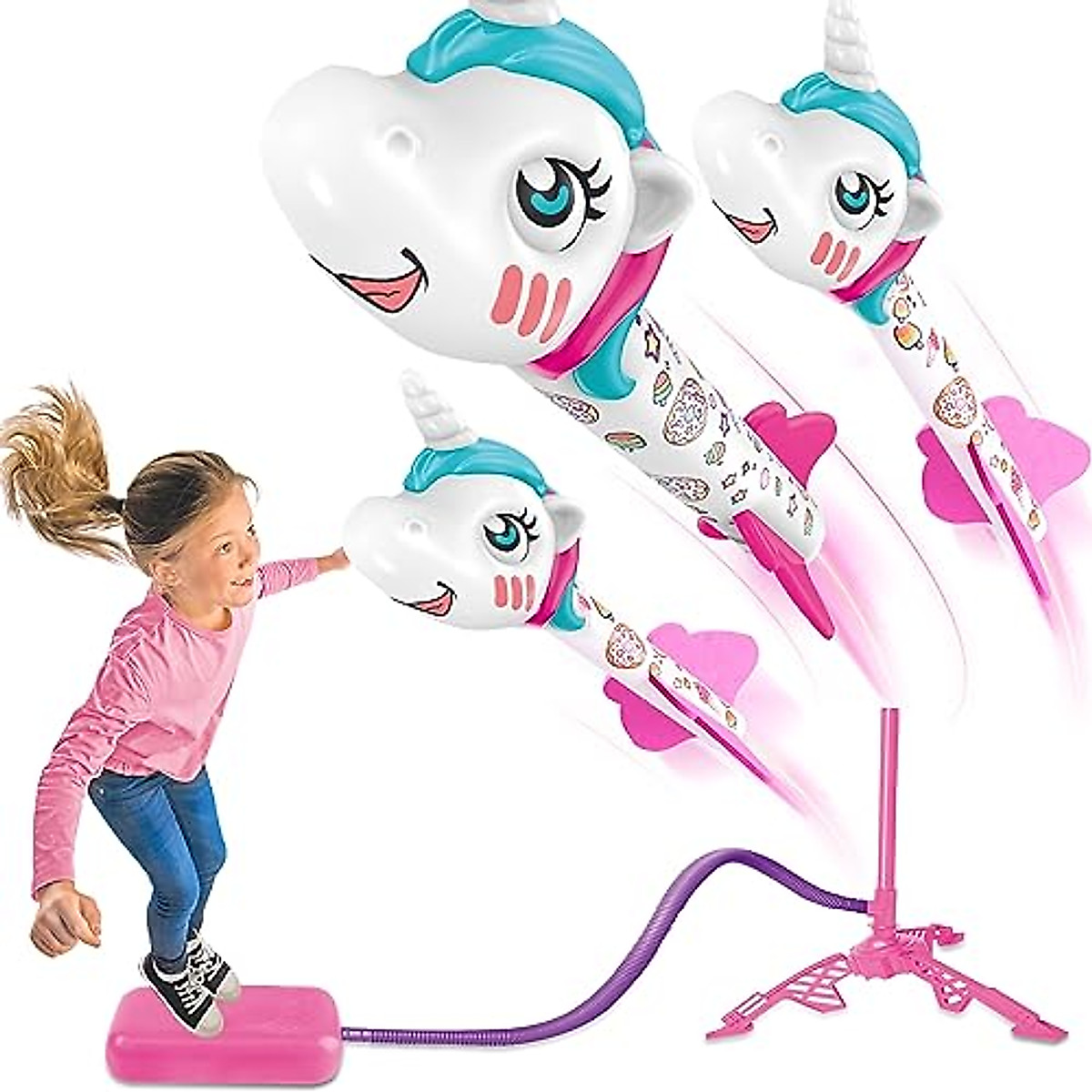 YOTOY Unicorn Rocket Launcher for Kids - Fun Outdoor Toys Launch of up to 100 Ft, 3 Unicorn Rockets, Gifts for 3 4 5 6 7 Years Old Girls and Boys