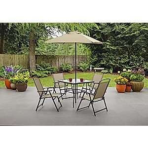 Folding Patio Dining Set of 6 Pcs All Weather Small Metal Outdoor Table and Chair Set, Garden Patio Furniture Set w/Umbrella, Glass Table & 4 Folding Chairs for Lawn, Deck, Backyard, Tan