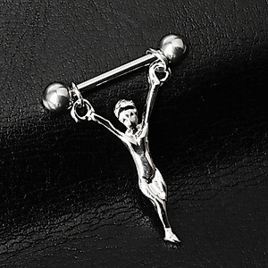 14G Surgical Steel Nipple Rings Dangly Jesus Nipplerings Straight Barbell Body Piercing Jewelry for Women Girls 1 Pair (14G; 16-14mm)