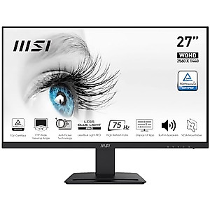 MSI Pro MP273QV, 27" Monitor, 2560 x 1440(QHD) VA, 75Hz, TUV Certified Eyesight Protection, 1ms, Displayport, HDMI, Tilt, Black