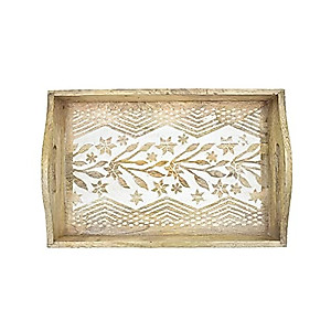 Hand Carved Wooden Breakfast Serving Tray with Handle for Breakfast Tea Snack Dessert | Kitchen Dining Serve-Ware Accessories | 15 x 10 Inches | 2049