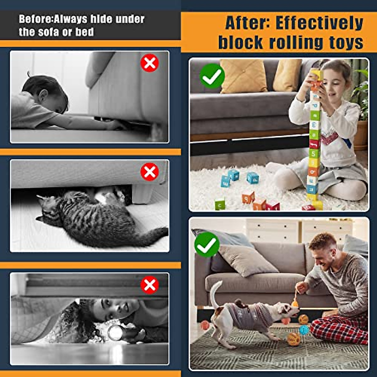 Toy Blocker for Under Couch, Under Bed Blocker for Pets,Adjustable Gap Bumper,Stop Things Sliding Under Sofa or Furniture,Compatible no damage to furniture, Easy to clean and Install(20Ft by 2 Inch)