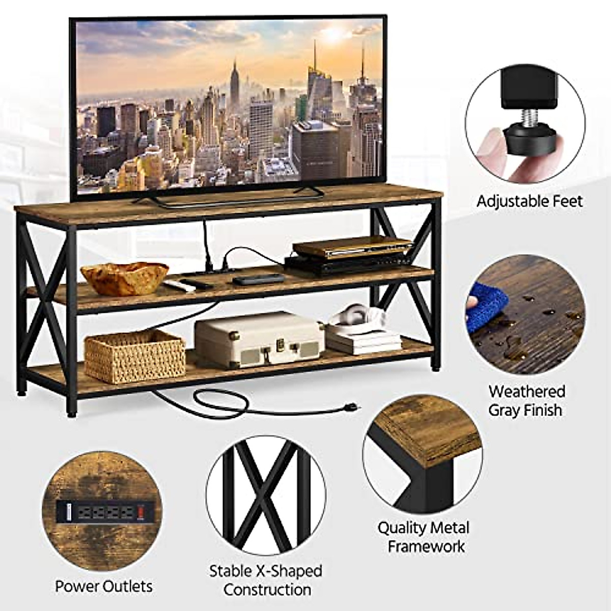 Yaheetech TV Stand for TV up to 65 inch, Media Entertainment Center with Power Outlets & 3 Tier Storage Shelves, 55 Inches TV Console Table for Living Room, Bedroom, Rustic Brown