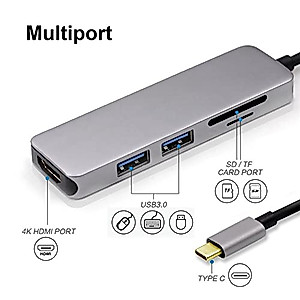 USB C Hub, 30HZ 4K HD 5 in 1 USB C Multiport Adapter 3840x2160 5Gbps Transfer Support Dual Cards PD Charging USB Docking Station for Home Office Travel