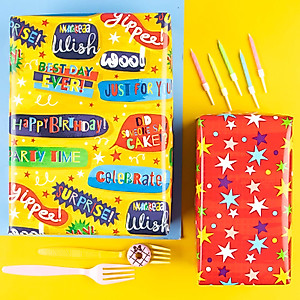 MAYPLUSS Reversible Birthday Wrapping Paper Roll - Mini Roll - 17 Inch X 32.8 Feet(47.3 sq.ft) - Happy Birthday Lettering,Colorful Star Design for Party,Wedding