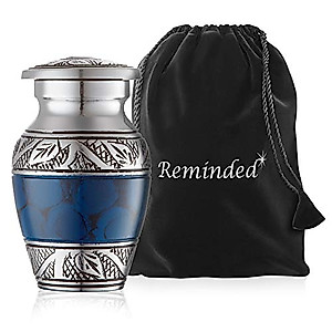 Reminded Small Cremation Urns for Human Ashes, Mini Keepsake Set of 6 Blue and Silver with Velvet Case