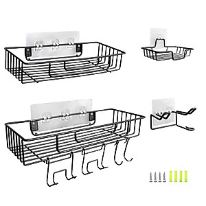 EATAKWARD 4 Pack Shower Caddy Basket Shelf with Soap Dish,Hair Dryer Holder &Hooks Strong Adhesive Wall Mounted Shelf Organizer Storage Rack 304 Stainless Steel Shelves for Bathroom Kitchen, Black