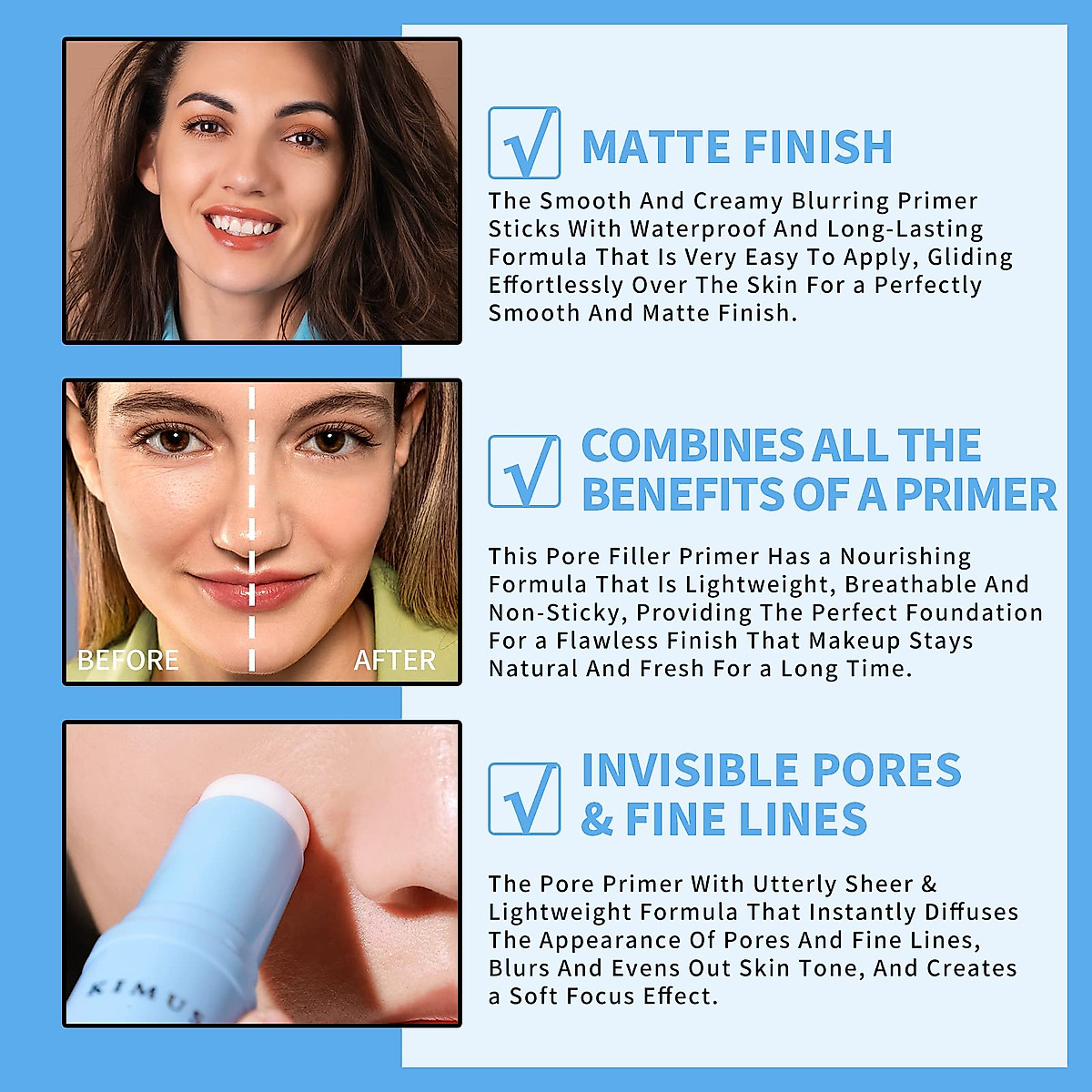 KIMUSE Primer Face Makeup Blur Primer Stick, Lightweight, Smooths, Long-Lasting, Minimize Pores, Flawless Finish, Face Primer for All Skin Types