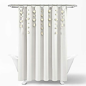 Lush Decor Boho Pom Pom Tassel Linen Shower Curtain, 72" x 72", Off White