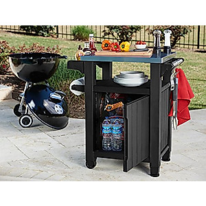 Keter Unity Portable Outdoor Table and Storage Cabinet with Hooks for Grill Accessories-Stainless Steel Top for Patio Kitchen Island or Bar Cart, Dark Grey