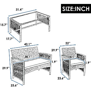 YYAO 4 PCs Outdoor Patio Rattan Furniture Conversation Sets PE Wicker Rattan Sofa Chair Cushioned Seat Furniture Set,Coffee Table with Tempered Glass Tabletop - Gray