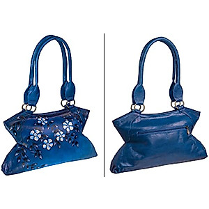 Evi's Bags Women's Hand Painted Genuine Leather Handbag - Shoulder Bag - Hobo, by Evi's Bags. Unique, Large, Handmade Purse - Satchel - Tote. Wearable Art - “Midnight BlueIn Bag, Blue, White, Black