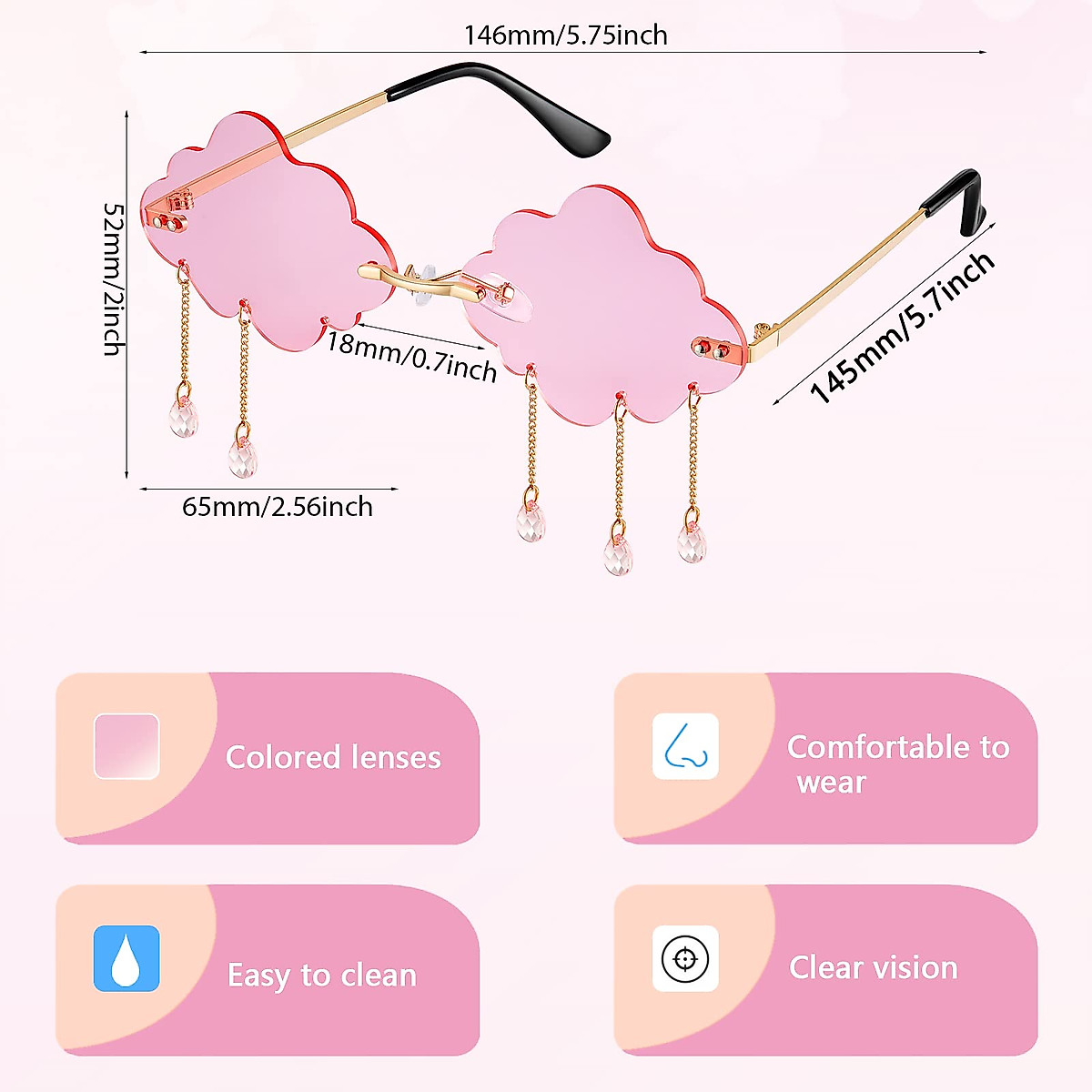 2 Pairs Tassel Clouds Shaped, Rimless Men Women 90s Disco Sunglasses (Light Blue, Pink)