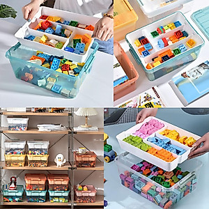 WeiMeet Large Plastic Storage Box with Removable Tray Caddy Clear Art Supply Organizer Playroom Container Organizer Plastic Storage Bin with Lid for Bead Crayon Tool Sewing Supplies(Blue)