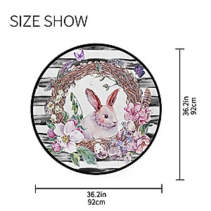 Vdsrup Spring Easter Holiday Doormat Easter Bunny Rabbit Butterfly Floral Round Floor Mat Non Slip Carpet Yoga Mat Rugs for Entryway Living Room Bedroom Home Decor 3'