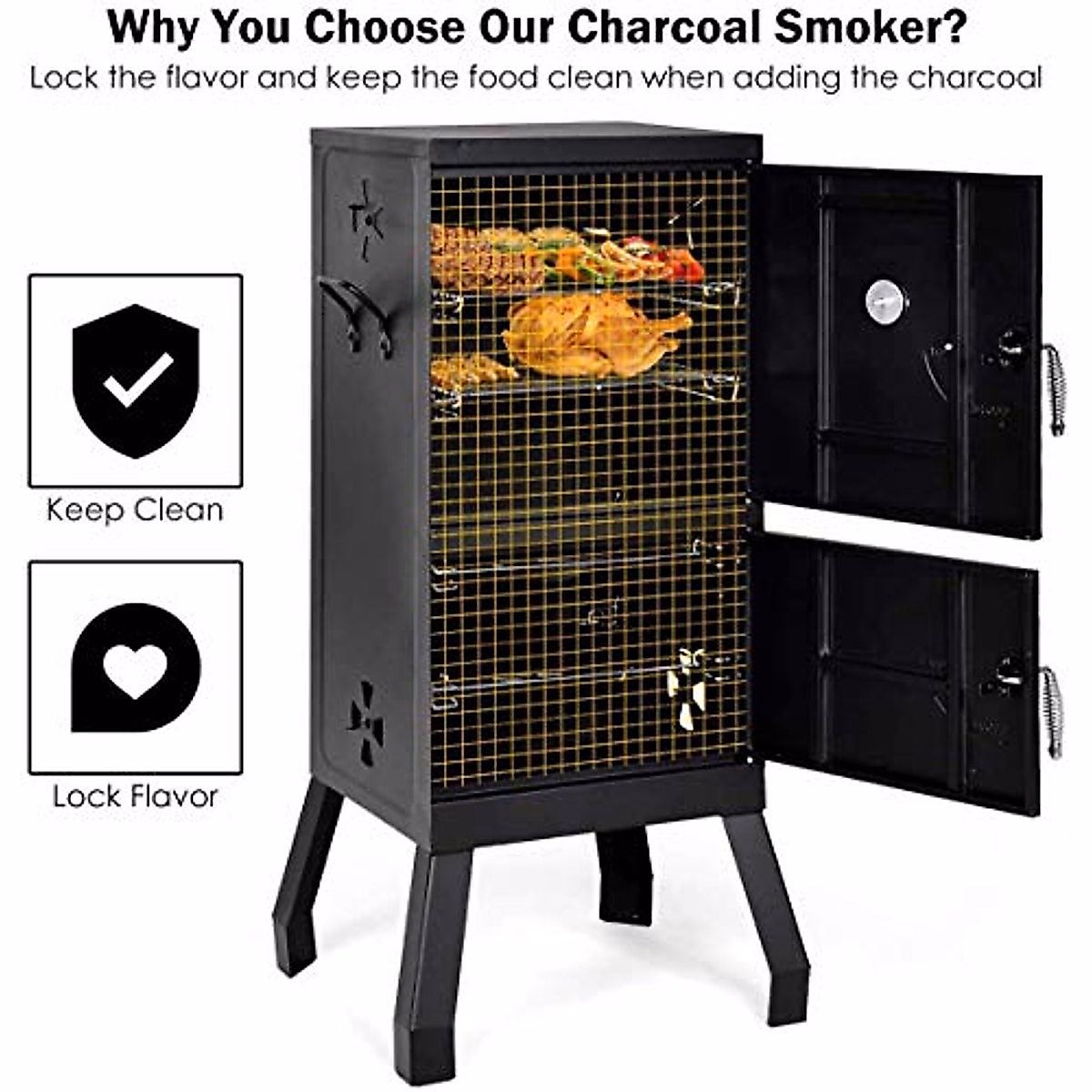 Moccha Smoked Carbon Oven, Vertical Charcoal Smoker, Outdoors Charcoal Barbeque, Iron Structure, Two Layers Design, with Two Chrome-Plated Nets, Two Charcoal Pots, Suitable for Lawn Picnic, Black