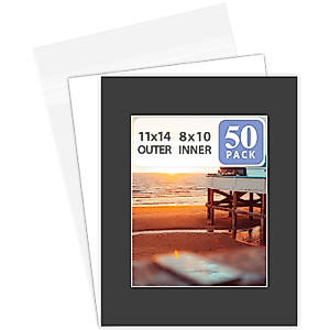 Golden State Art, Pack of 50 Black Pre-Cut 11x14 Picture Mat for 8x10 Photo with White Core Bevel Cut Mattes Sets. Includes 50 Acid-Free Bevel Cut Mats & 50 Backing Board & 50 Clear Bags