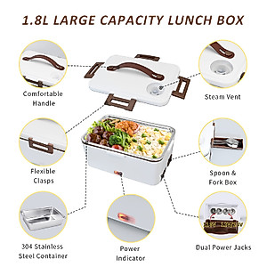 80W Electric Lunch Box Fast Food Warmer Heater, 1.8L Portable 3 in 1 Portable Microwave 12V 24V 110V for Car Truck & Home Hot Meals Boxes Heater, 304 Stainless Steel container with Thermal Bag