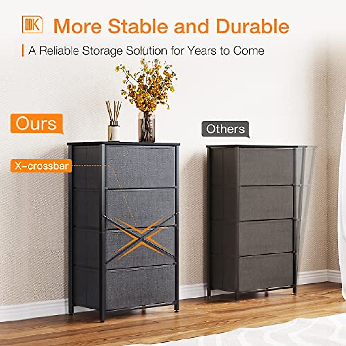 ODK Dresser for Bedroom with 4 Storage Drawers, Small Dresser Chest of Drawers Fabric Dresser with Sturdy Steel Frame, Dresser for Closet with Wood Top, Dark Grey