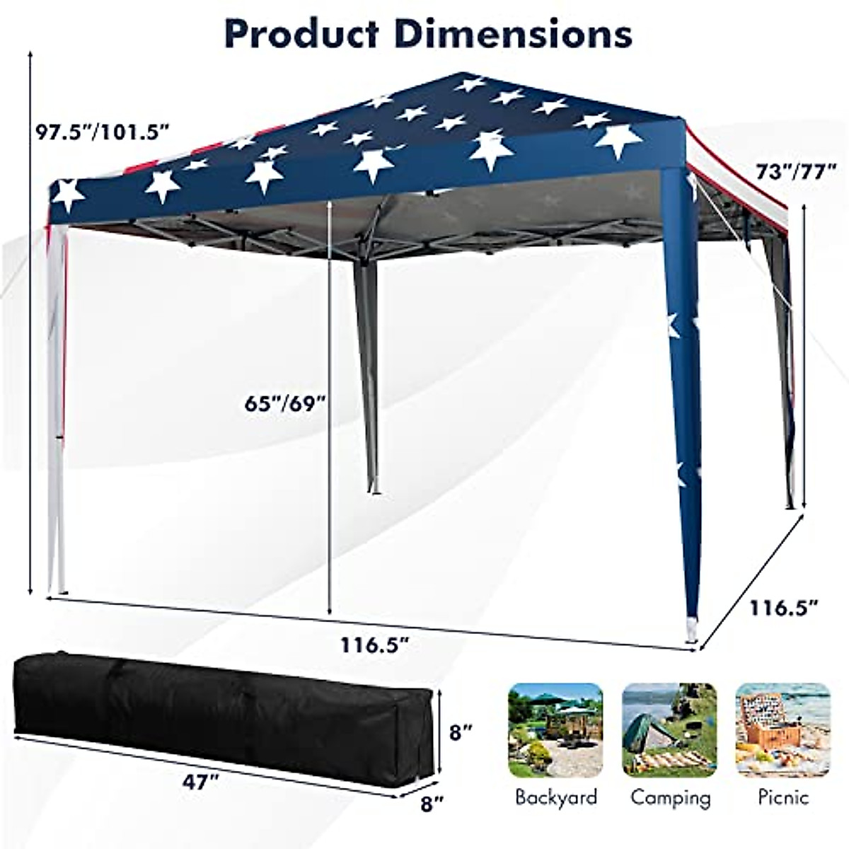 Tangkula 10x10 ft Pop-Up Canopy Tent, Outdoor Canopy Tent with Carry Bag, Waterproof Screen House Room Tent with Netting for Camping, Backyard, Wedding, American Flag Printing