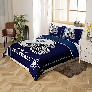 American Football Duvet Cover Set King Size,Western Texas Star Cowboy Football Sports Bedding Set,Boys Men Room Decor,Rugby Helmet Geometric Stripes Comforter Cover,Blue Quilt Cover,2 Pillowcases
