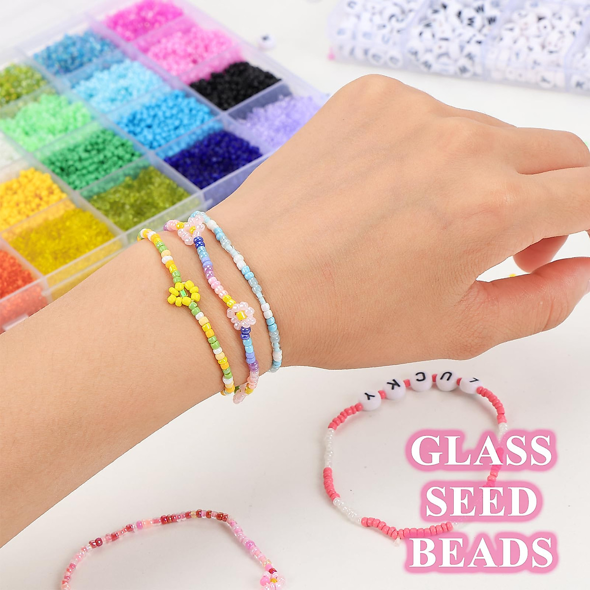 DICOBD 21600pcs 2mm 12/0 Glass Seed Beads Craft Beads Kit and 1200pcs Letter Alphabet Beads for Friendship Bracelets Jewelry Making Necklaces and Key Chains with 2 Rolls of Cord